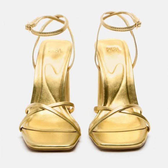 Zara | Shoes | Zara Gold Strappy Metallic Heeled Sandals | Poshmark